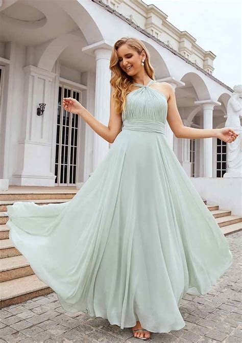 A Line Scalloped Neck Long Floor Length Chiffon Bridesmaid Dress With