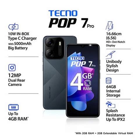 Tecno Pop 7 Pro Endless Black 64 GB 2 GB RAM At Rs 6299 Piece