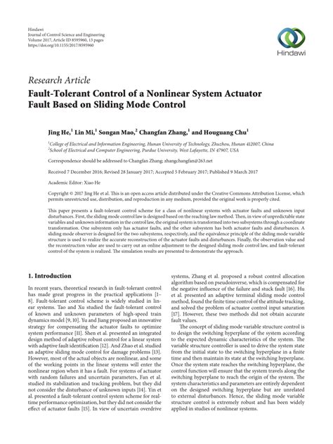 pdf fault tolerant control of a nonlinear system actuator fault based on sliding mode control