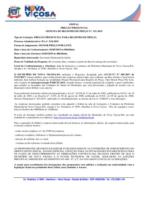 Preenchível Disponível AVISO DE LICITAO PREGO PRESENCIAL N 001 Fax