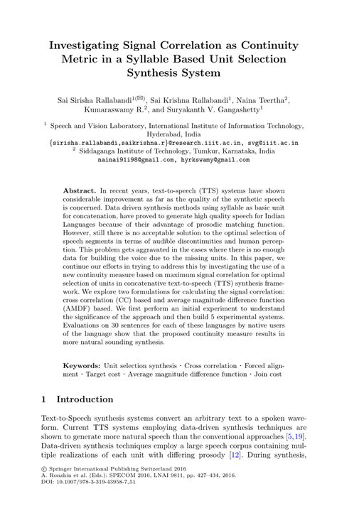 pdf investigating signal correlation as continuity metric in a syllable based unit selection