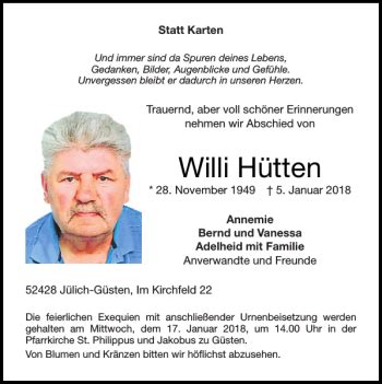 Traueranzeigen von Willi Hütten Aachen gedenkt