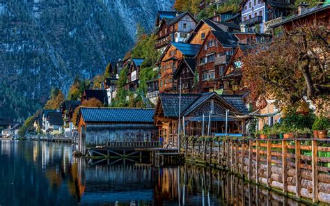 Tapety zdjęcia Austria Hallstatt Drzewa Alpy Salzburskie Domy