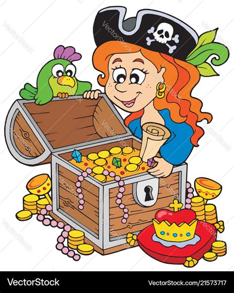 Pirate Woman Opening Treasure Chest Royalty Free Vector