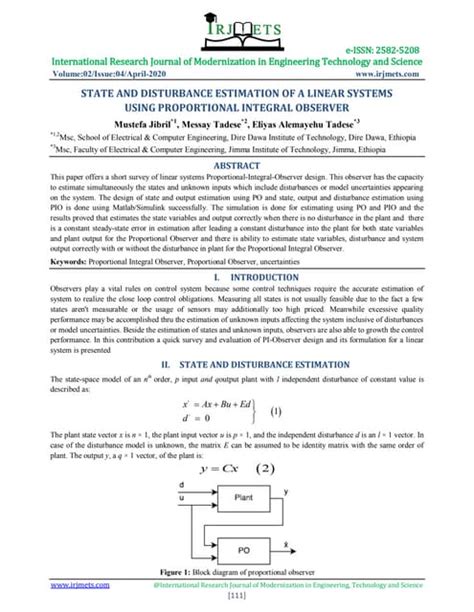 state and disturbance estimation of a linear systems using proportional integral observer pdf