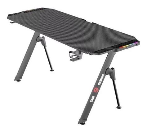 Mesa Gamer Led Rgb Em Aço Carbono Suporte Headset E Copo Escorrega o