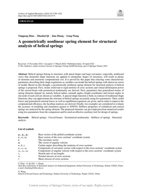 a geometrically nonlinear spring element for structural analysis of helical springs request pdf