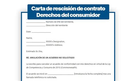 Carta de rescisión de contrato Derechos del consumidor