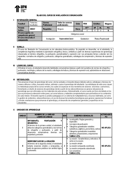 Sílabo Nivelación de Comunicación 2024 SILABO DEL CURSO DE NIVELACIÓN