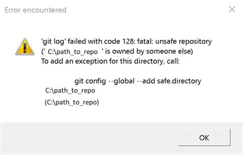 Git Log Failed With Code 128 Fatal Unsafe Repository