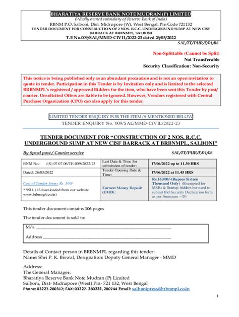 Fillable Online TENDER DOCUMENT FOR CONSTRUCTION OF 2 NOS Fax