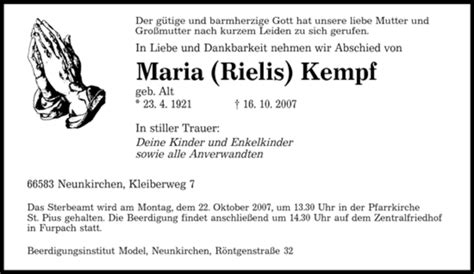 Traueranzeigen Von Maria Kempf Saarbruecker Zeitung Trauer De