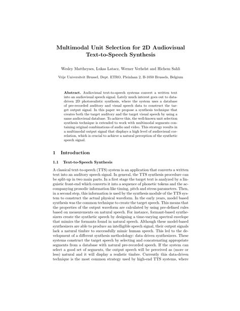pdf multimodal unit selection for 2d audiovisual text to speech synthesis