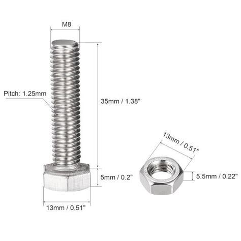 Lot De 4 Vis À Tête Hexagonale M8 X 35 Mm Écrous Rondelles Plates Et