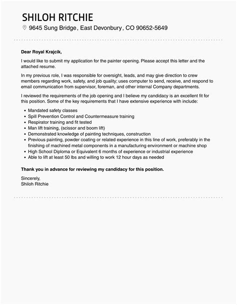 Painter Cover Letter Velvet Jobs