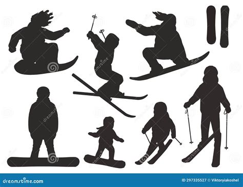 Silhouettes Of People In Various Snowboarding And Skiing Poses