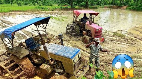 Swaraj Tractor Stuck In Mud While Puddling Mud Mahindra Di
