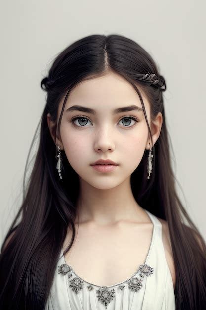 Premium Photo A Girl With Long Black Hair And Blue Eyes Looks Into The Camera