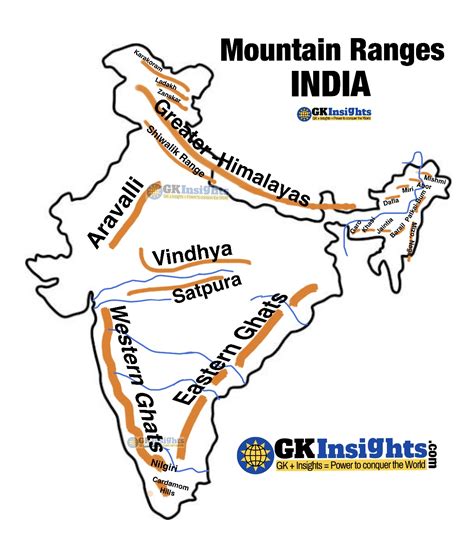 Mountains Ranges Hills Of India Coloured Map Gkinsights