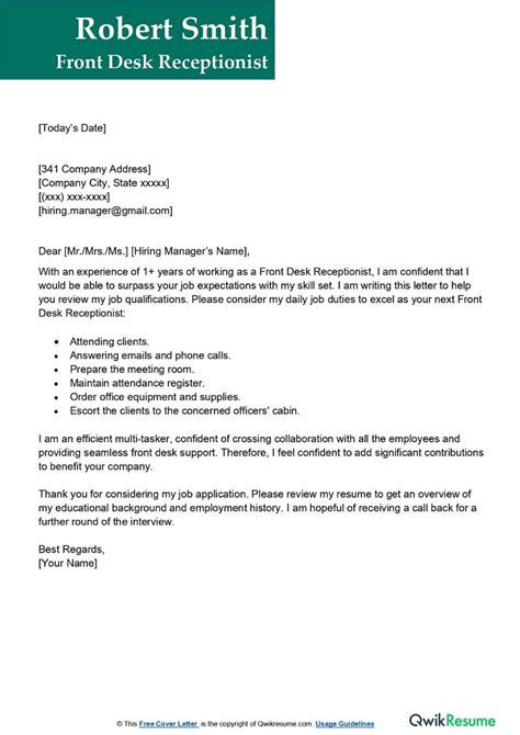 Front Desk Receptionist Cover Letter Examples Qwikresume