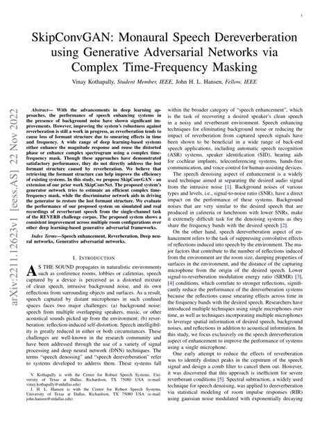pdf skipconvgan monaural speech dereverberation using generative adversarial networks via