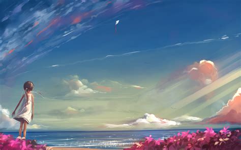 Papel de parede luz solar mar Anime Meninas anime agua céu
