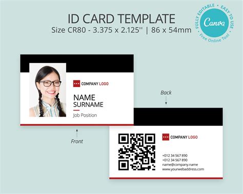 Editable Photo ID Card Template Printable ID Badge Canva Template