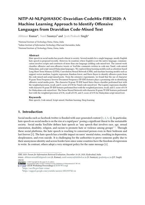 pdf nitp ai nlp hasoc dravidian codemix fire2020 a machine learning approach to identify