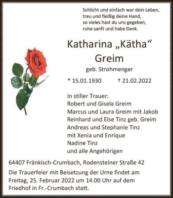 Traueranzeigen Von Katharina Greim Vrm Trauer De