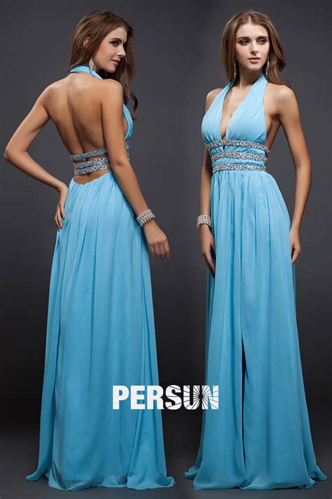 Bleue robe de soirée longue décolleté plongeant dos nu avec fente