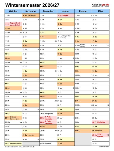 Semesterkalender 2026 27 für PDF zum Ausdrucken