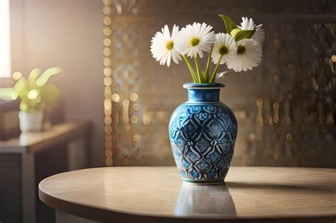 Premium Photo A Blue Vase With White Daisies In It