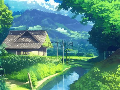 夏日唯美乡村田野风景宫崎骏风格插画图片 千库网