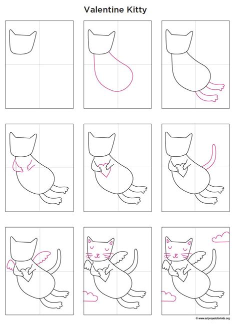 Easy How To Draw A Valentine Cat Tutorial And Valentine Cat Coloring