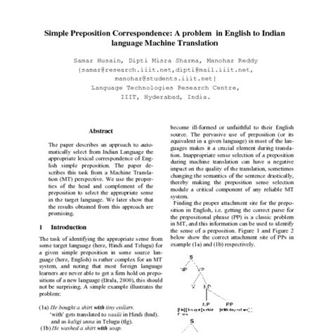 simple preposition correspondence a problem in english to indian language machine translation