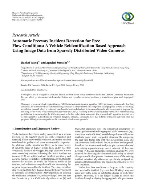 pdf automatic freeway incident detection for free flow conditions a vehicle reidentification