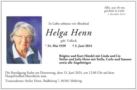 Traueranzeigen Von Helga Henn Trauerportal Ihrer Tageszeitung