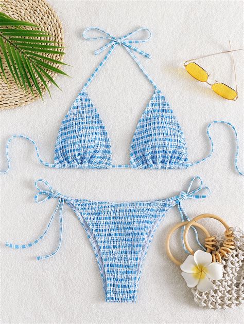 SHEIN Swim Vcay Striped Bikini Set Smocked Triangle Bra Thong Bottom