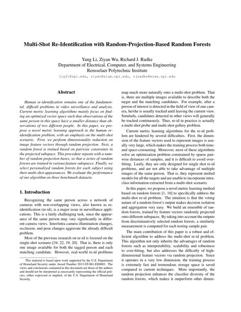 pdf multi shot re identification with random projection based random forests
