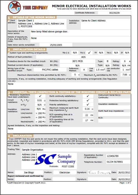 Electrical Minor Works Certificate Template Templates Example