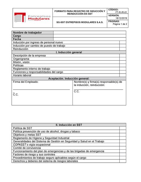 Formato para registros de inducción y reinducción FORMATO PARA