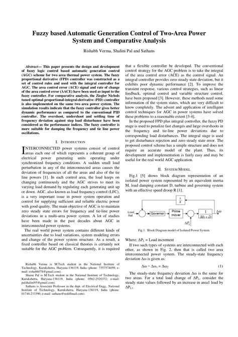 pdf fuzzy based automatic generation control of two area power system and comparative analysis