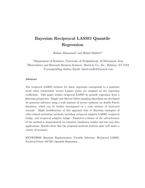 pdf bayesian reciprocal lasso quantile regression