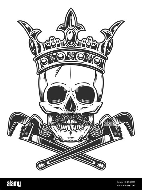 King Skull In Crown With Mustache With Construction Wrench For Gas And