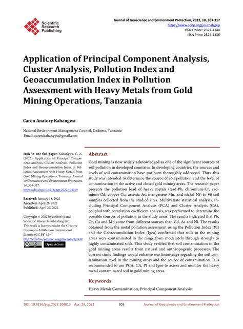 pdf application of principal component analysis cluster analysis pollution index and
