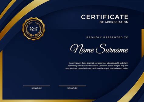 Elegante Plantilla De Certificado De Diploma Azul Y Dorado Con Insignia