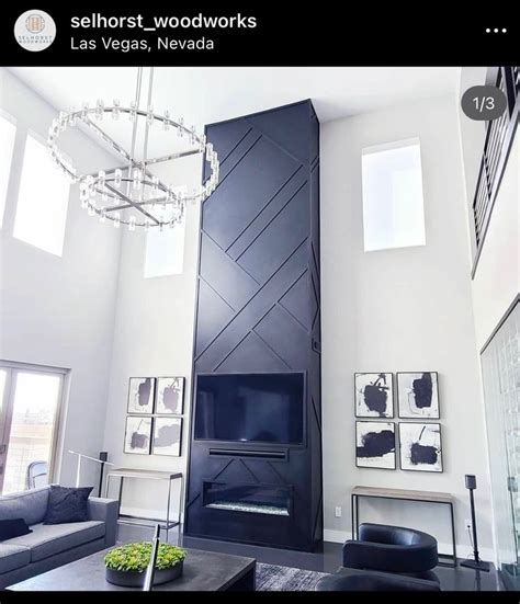 Black Fireplace In Tall Ceiling Living Room Accent Walls In