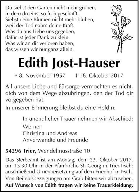 Traueranzeigen Von Edith Jost Hauser Volksfreund Trauer De