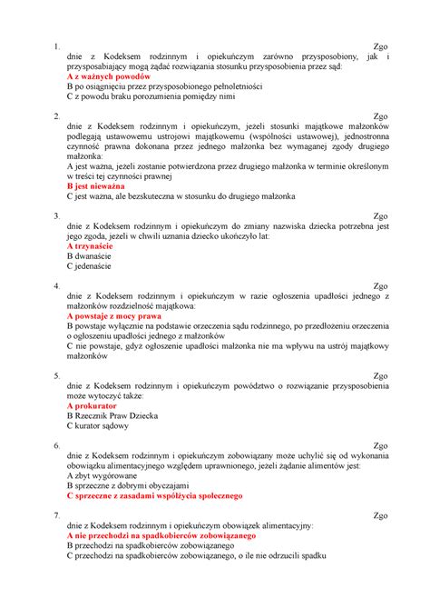 Prawo rodzinne Testy na ćwiczenia Zgo dnie z Kodeksem rodzinnym i