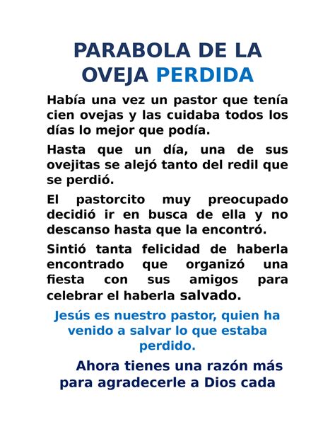 Parabola DE LA Oveja Perdida PARABOLA DE LA OVEJA PERDIDA Había una
